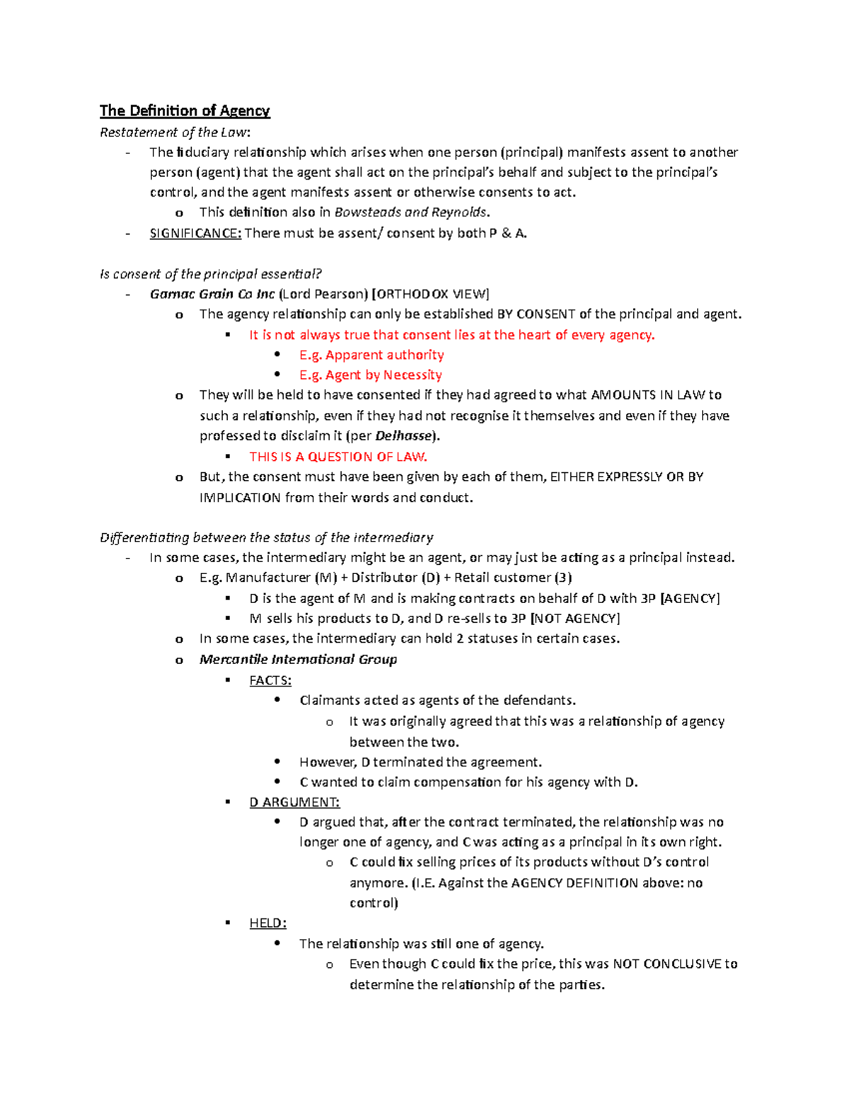 Agency Notes - The Definition of Agency Restatement of the Law: - The ...