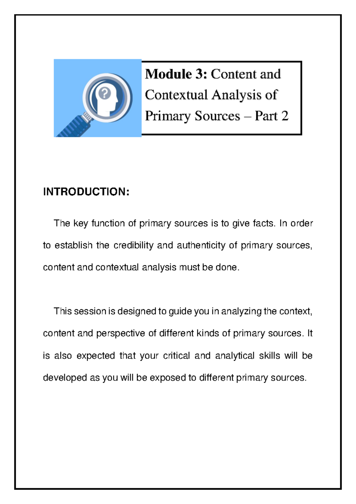 RPH-Module-3 - Read - INTRODUCTION: The key function of primary sources ...