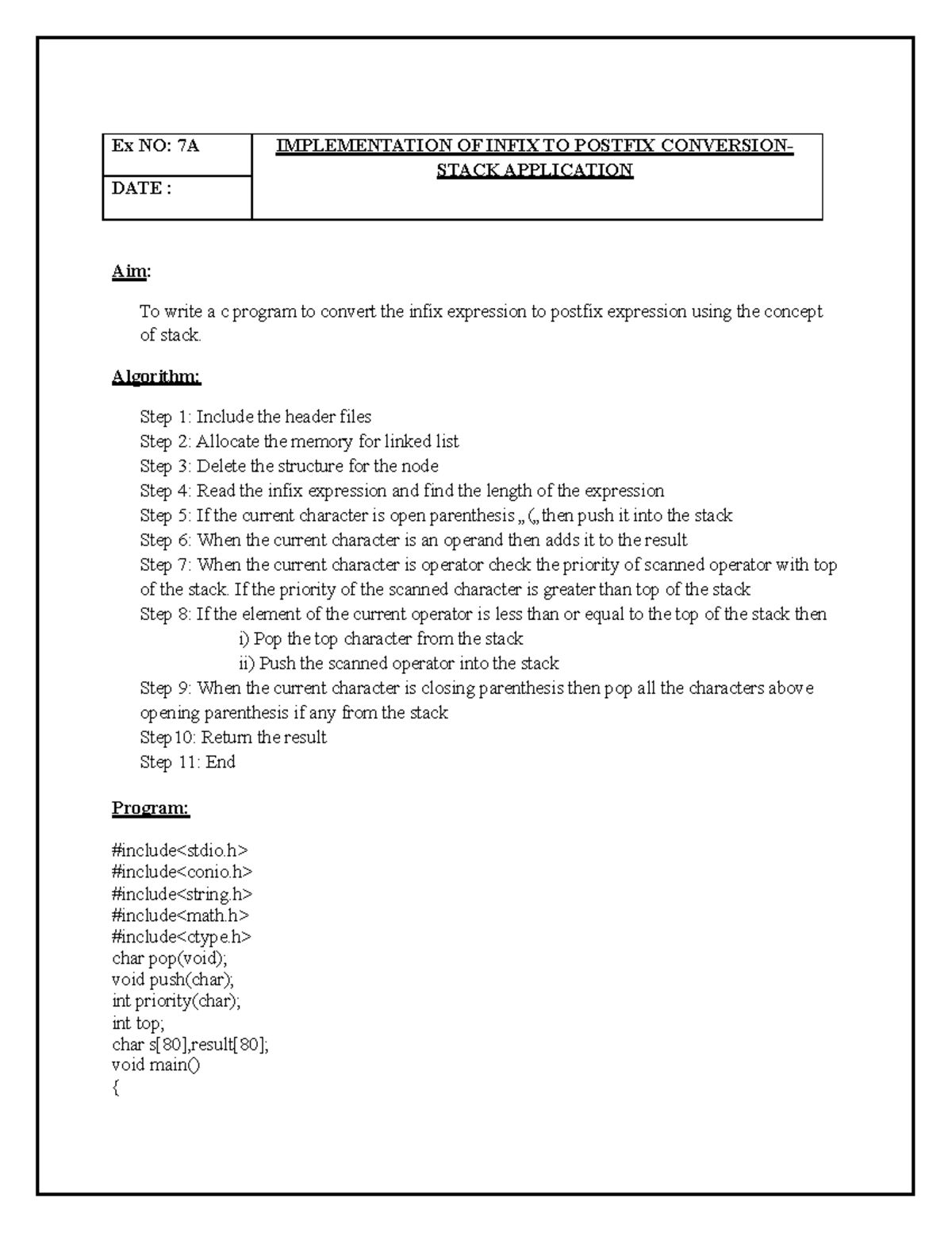 FDC Programs 7 to 12 - Ex NO: 7A IMPLEMENTATION OF INFIX TO POSTFIX ...