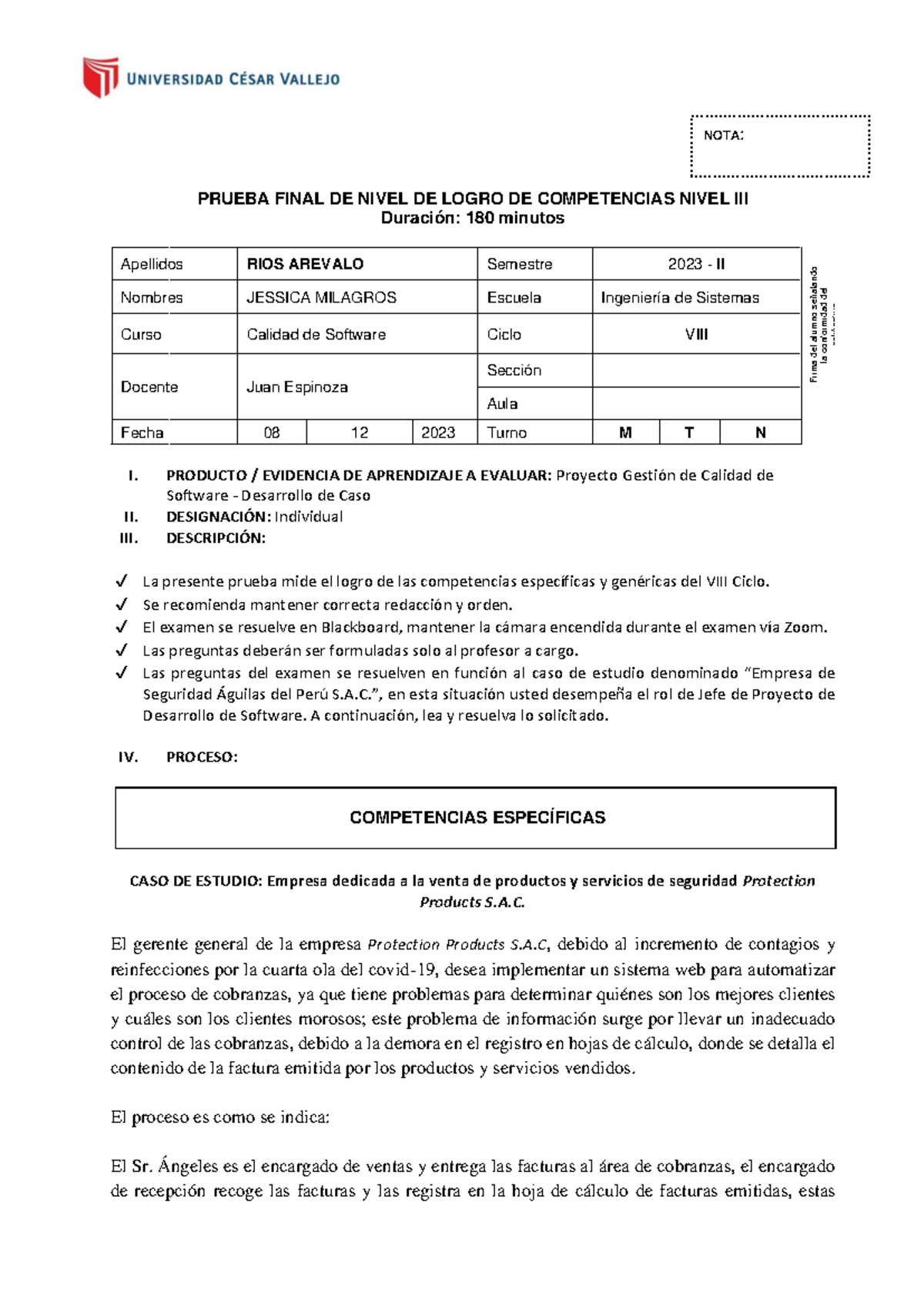 Prueba Final PNL III - PRUEBA FINAL DE NIVEL DE LOGRO DE COMPETENCIAS NIVEL III Duración: 180 ...