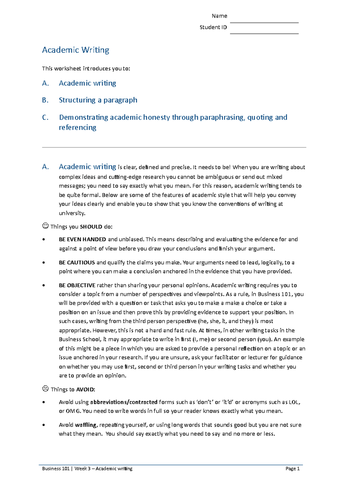 Week 3 Business 101 - Exercise Academic Writing - Academic Writing This ...