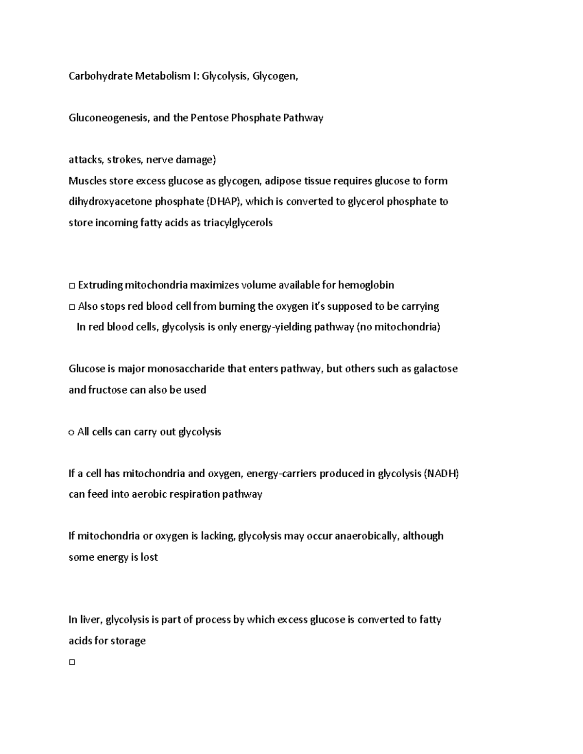 Metabolism Notes 1 - Carbohydrate Metabolism I: Glycolysis, Glycogen ...