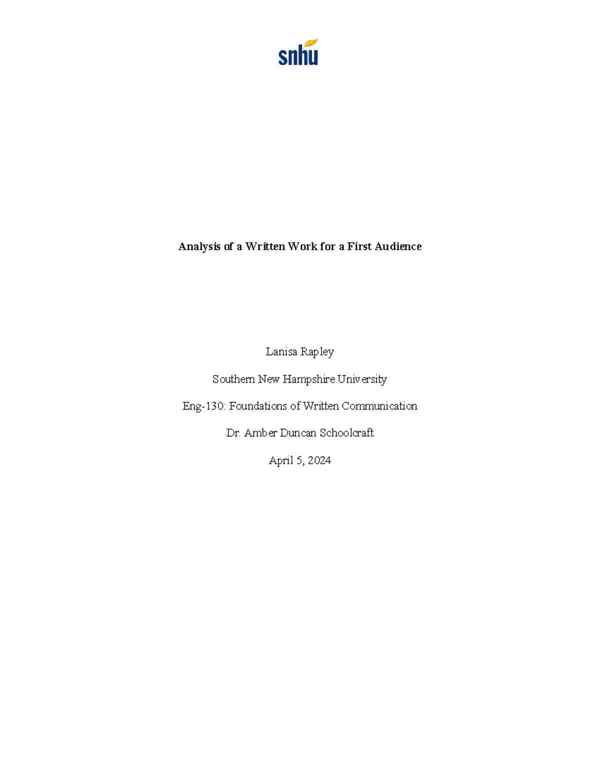 ENG 130 Module Five Analysis of a Written Work for a First Audience APA ...