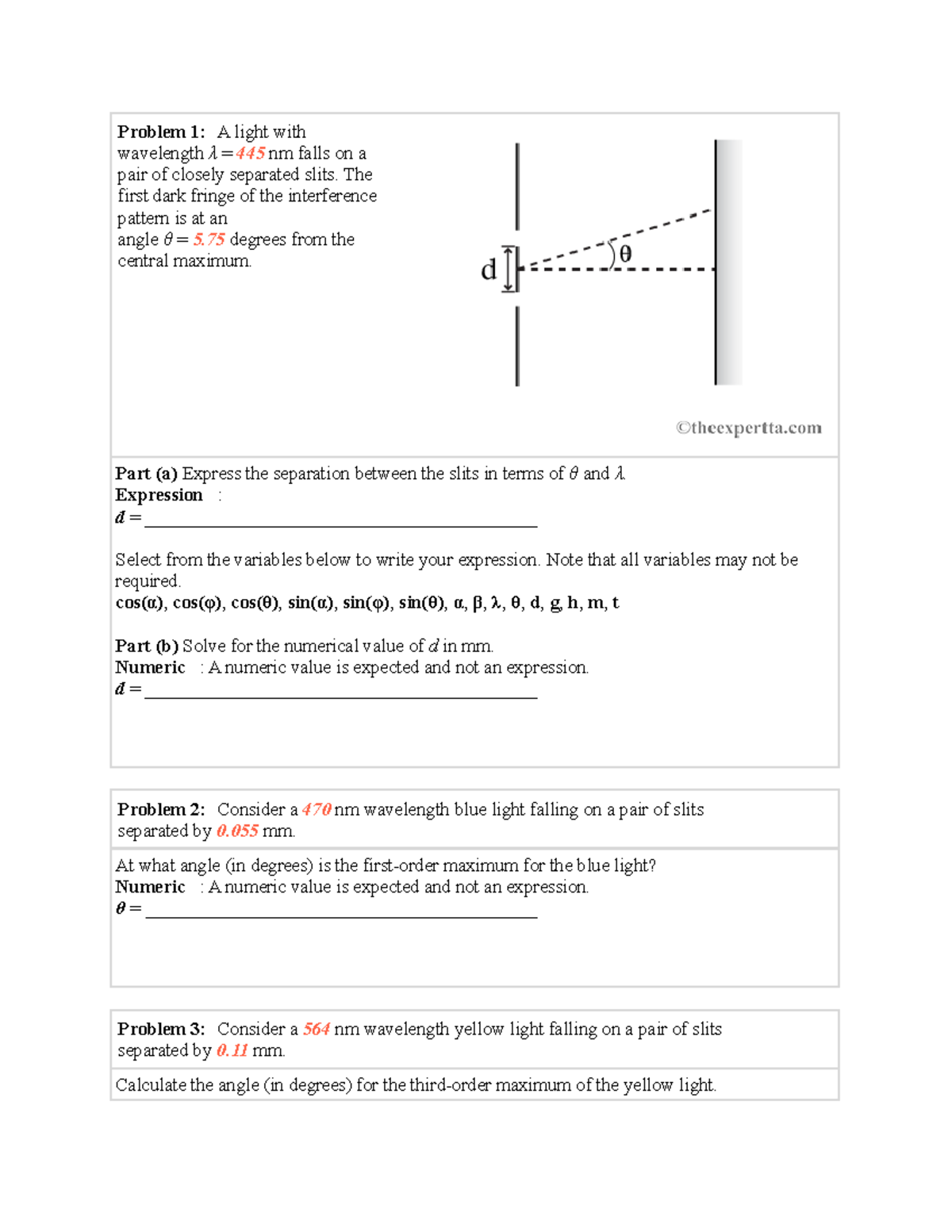 Phys HW 10 - Questions on interference experiments. - Problem 1: A ...