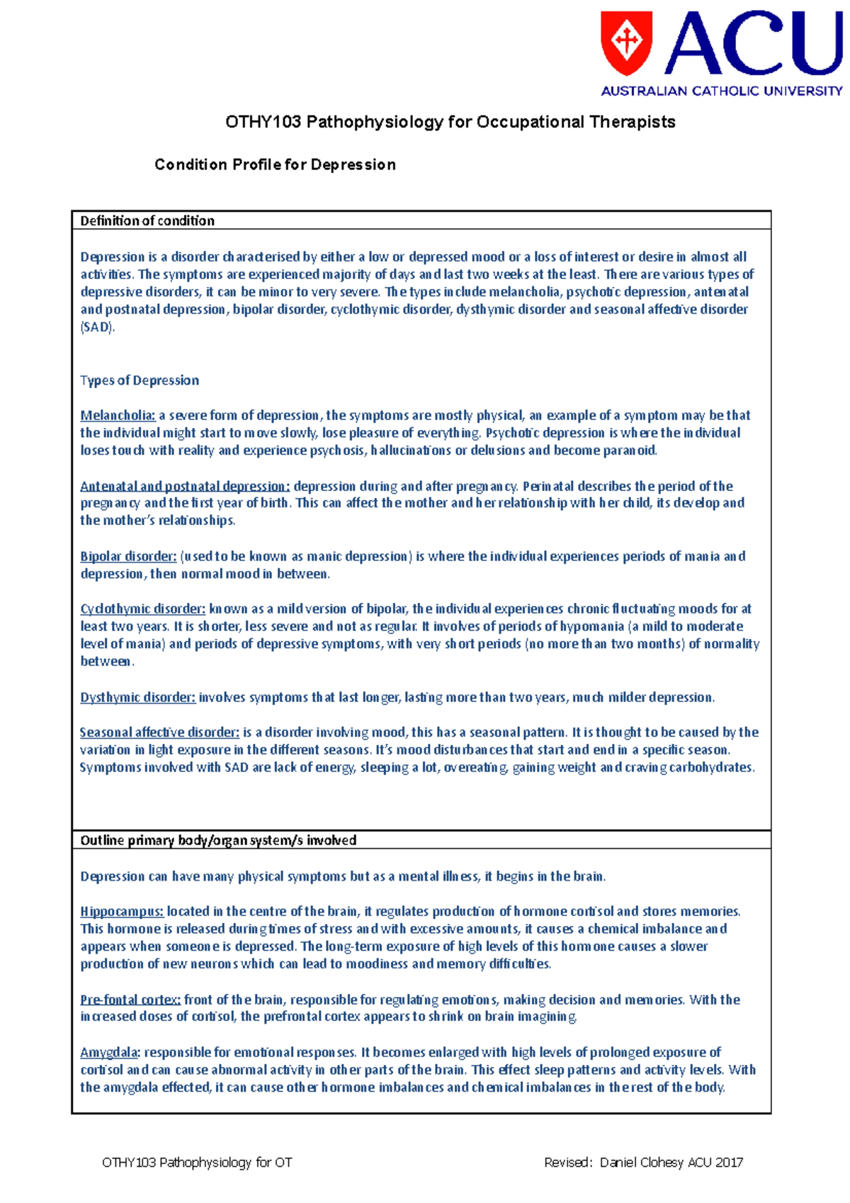 OTHY103 CONDITION PROFILE - DEPRESSION - OTHY103 Pathophysiology for ...