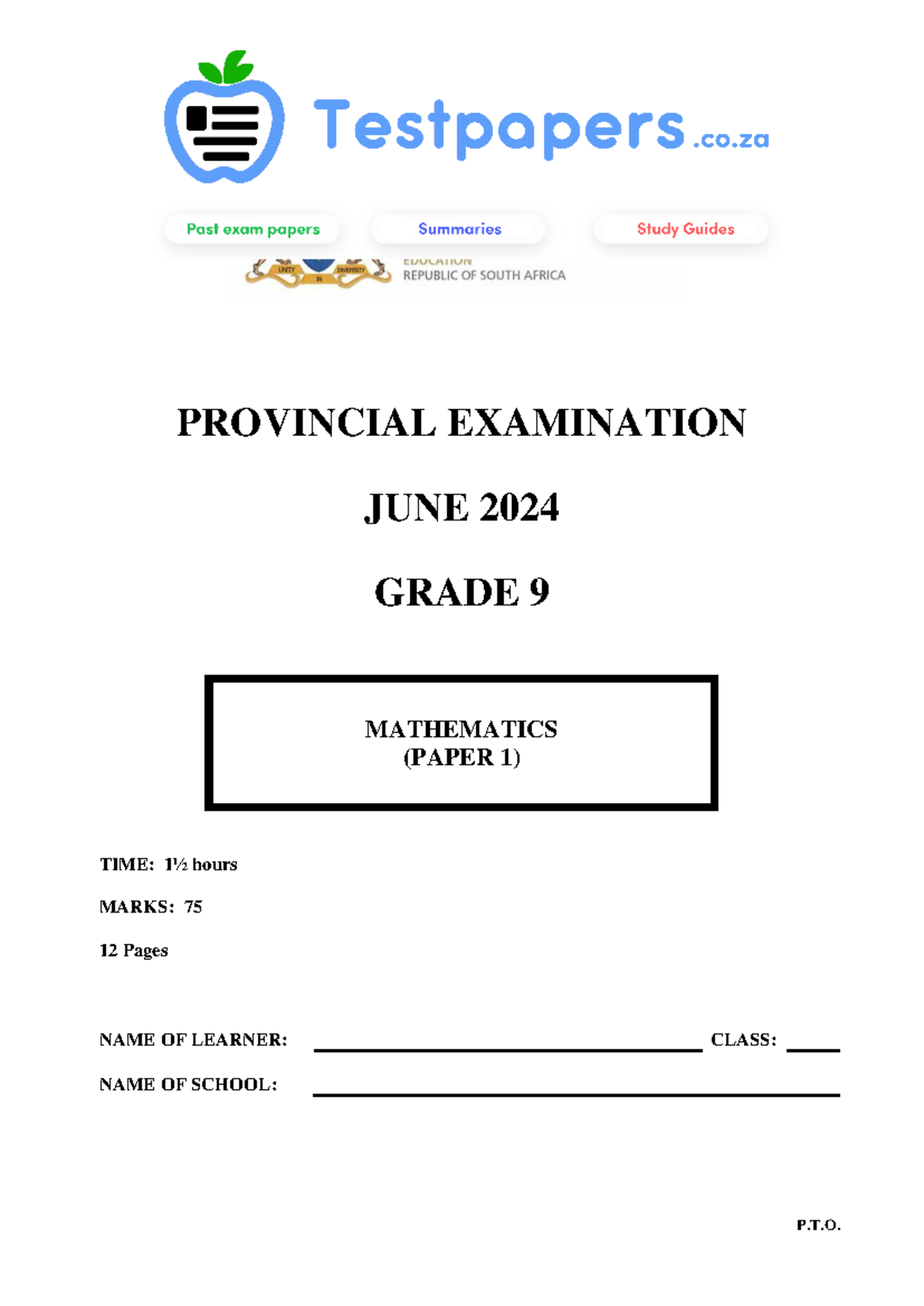 Gr 9 Mathematics P1 (English) June 2024 Question Paper - PROVINCIAL EXAMINATION JUNE 202 4 GRADE ...