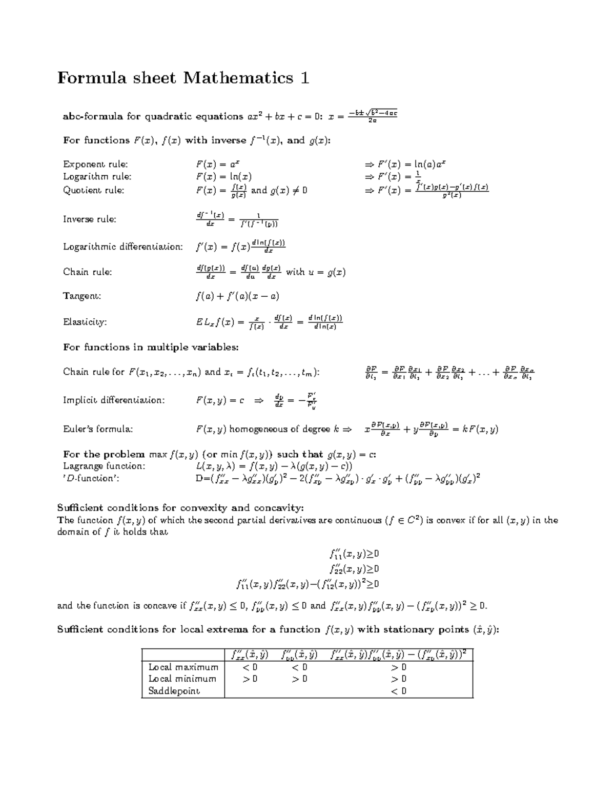 Formula sheet Mathematics 1 - .. , xn) andxi=fi(t 1 , t 2 ,... , tm): ∂ ...