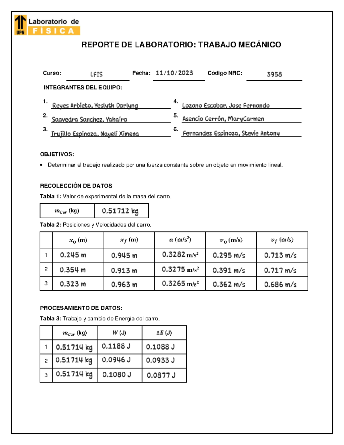 Reporte LFIS S09 - año - REPORTE DE LABORATORIO: TRABAJO MECÁNICO Curso ...