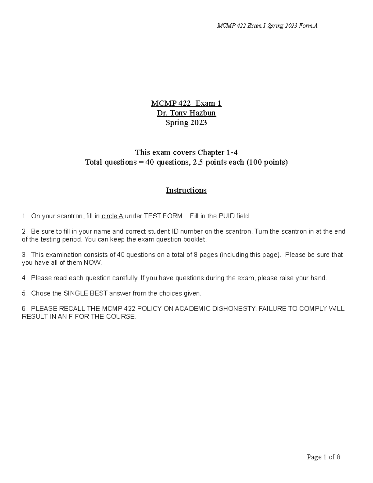 MCMP422 Exam 1 2023 A key - MCMP 422 Exam 1 Dr. Tony Hazbun Spring 2023 ...