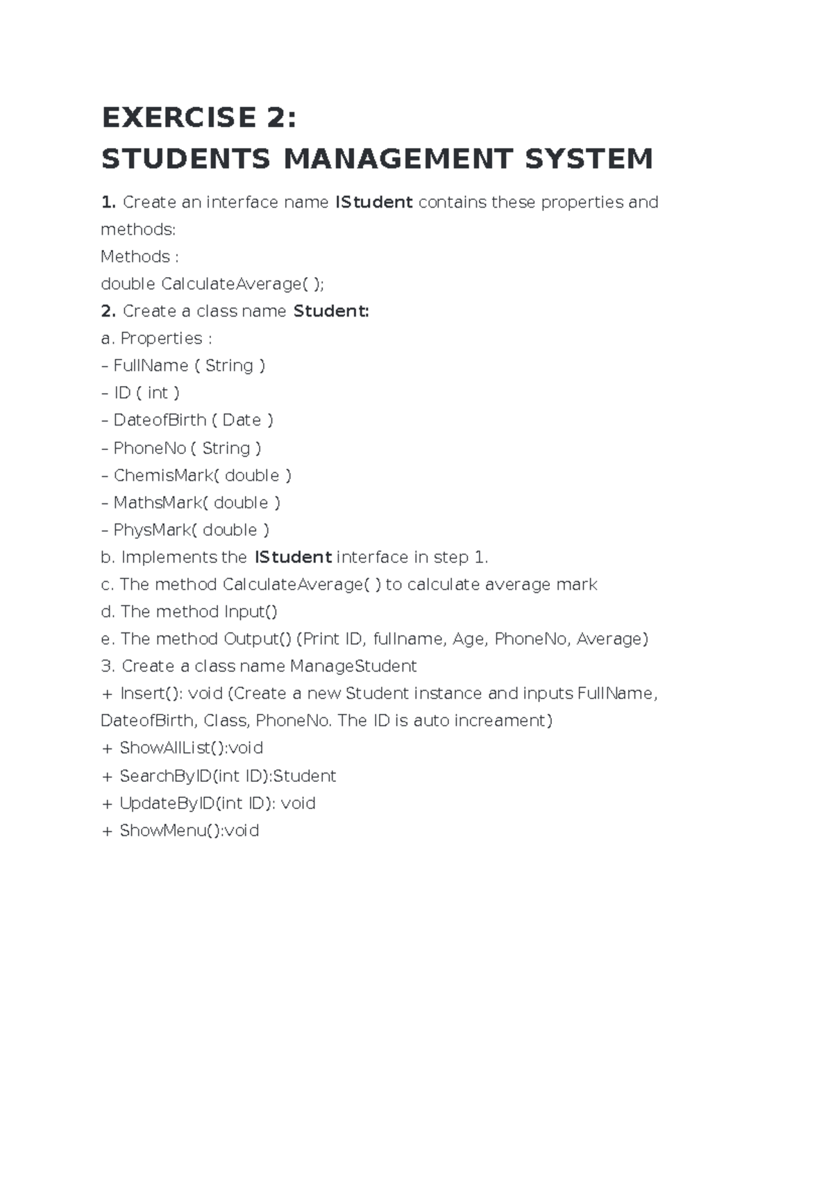 Exercise 1 - jgijklgj - EXERCISE 2: STUDENTS MANAGEMENT SYSTEM 1 ...