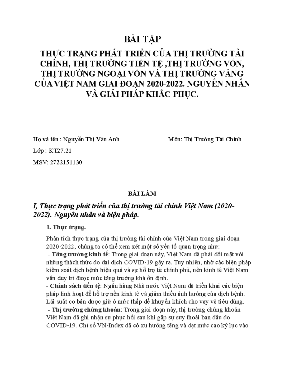 BT.TTTC.Nguyen Thi Van Anh KT 27.21 - BÀI TẬP THỰC TRẠNG PHÁT TRIỂN CỦA THỊ TRƯỜNG TÀI CHÍNH ...
