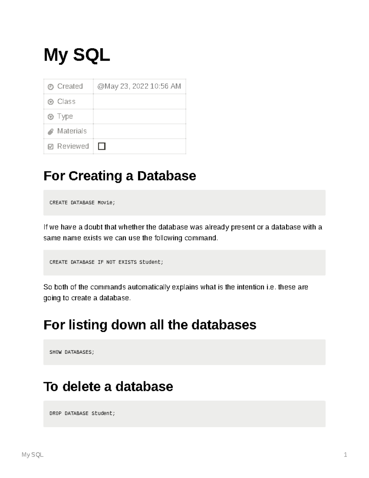SQL Notes - My SQL Created Class Type Materials Reviewed For Creating a ...