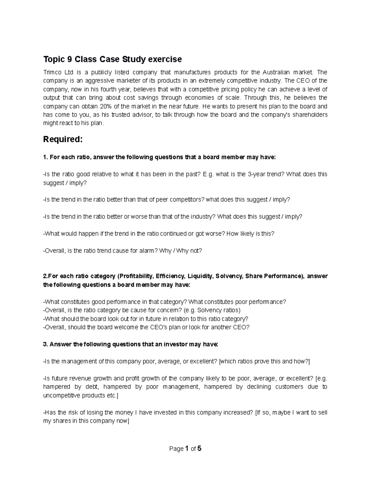 Topic 9 - Class Case Study [Trimco] - Topic 9 Class Case Study exercise ...