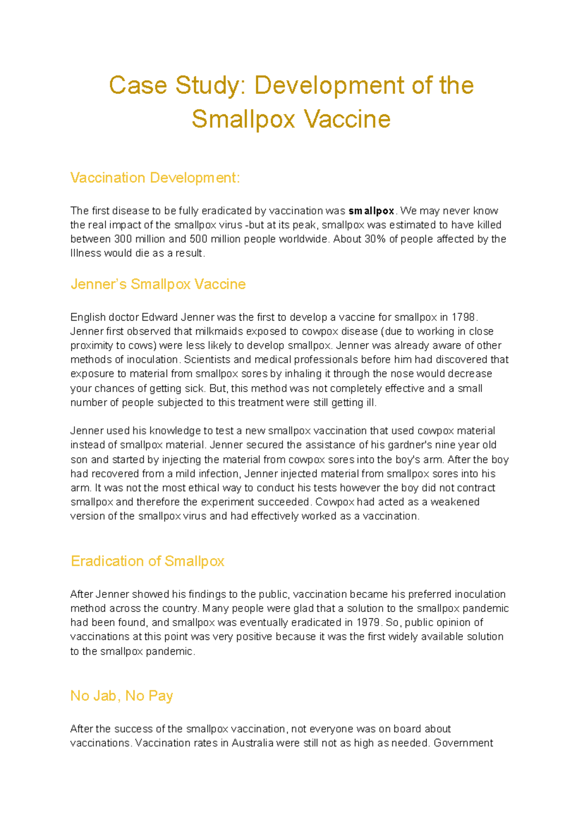 Case Study Development of the Smallpox Vaccine - Case Study ...