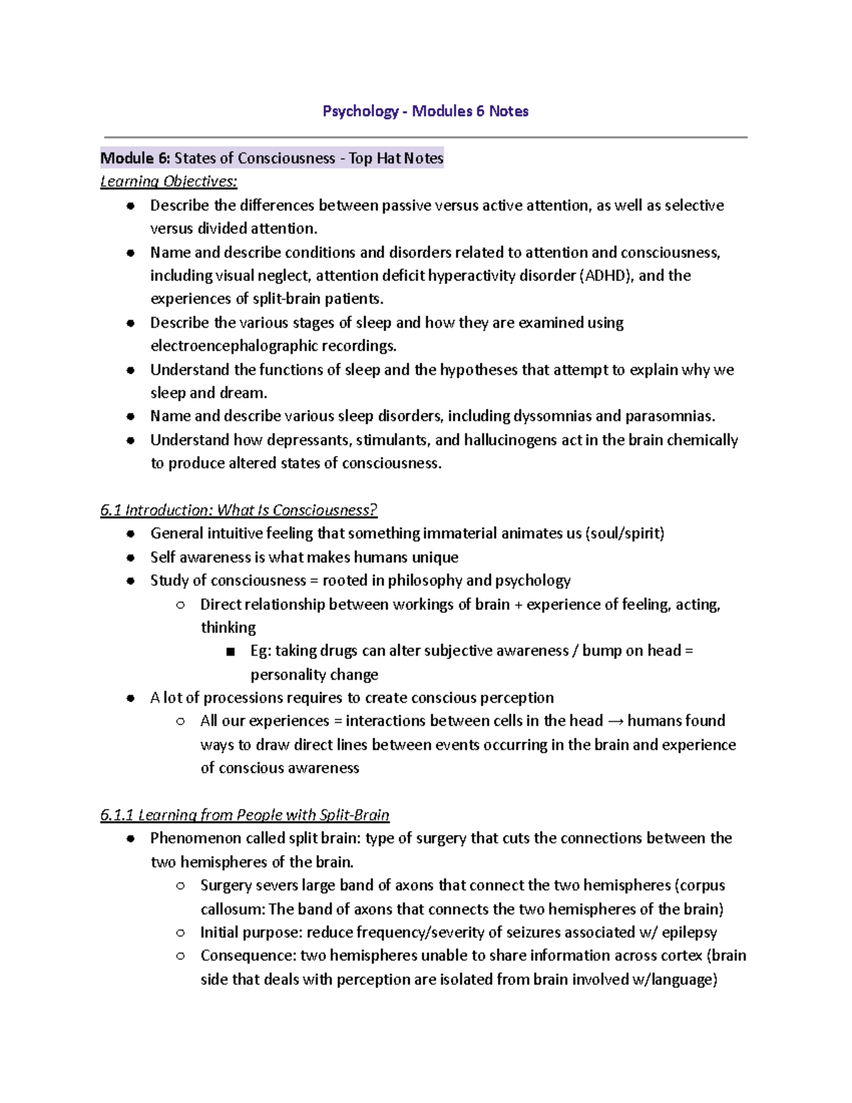 Psychology - Modules 6 Notes - states of consciousness - Psychology ...