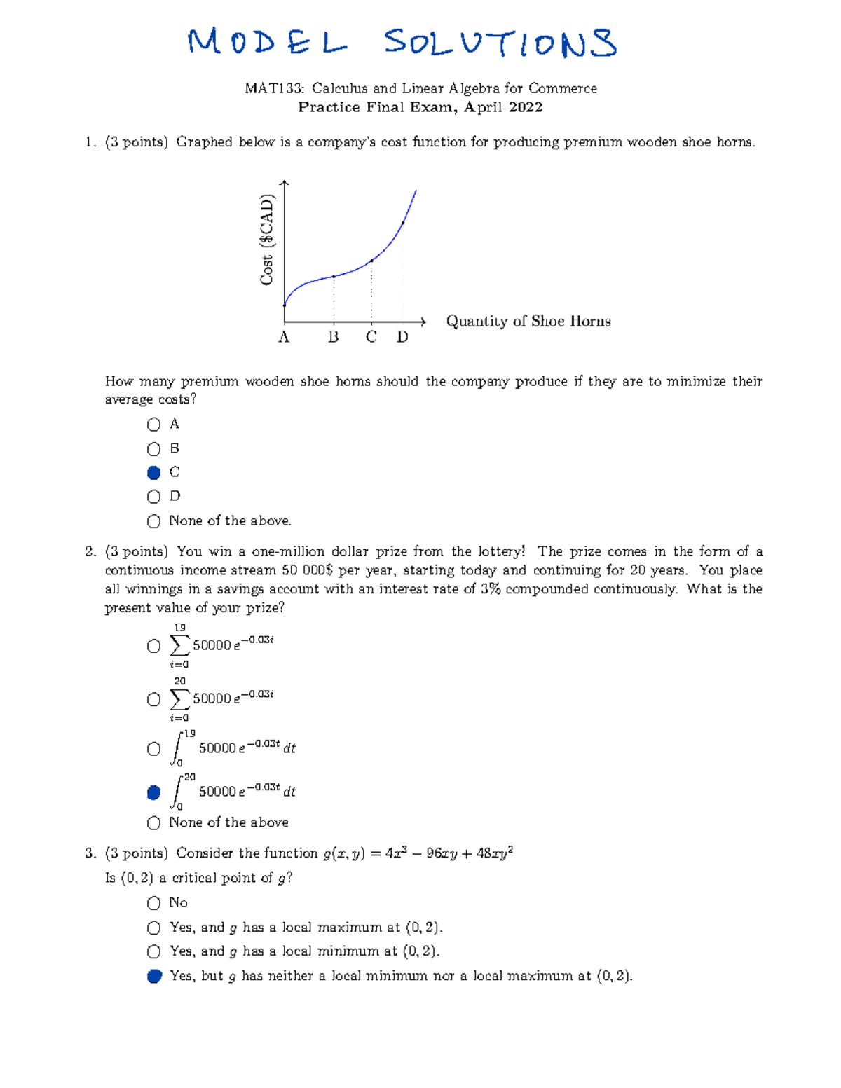 Practice final exam model solutions-3 - MAT133: Calculus and Linear ...