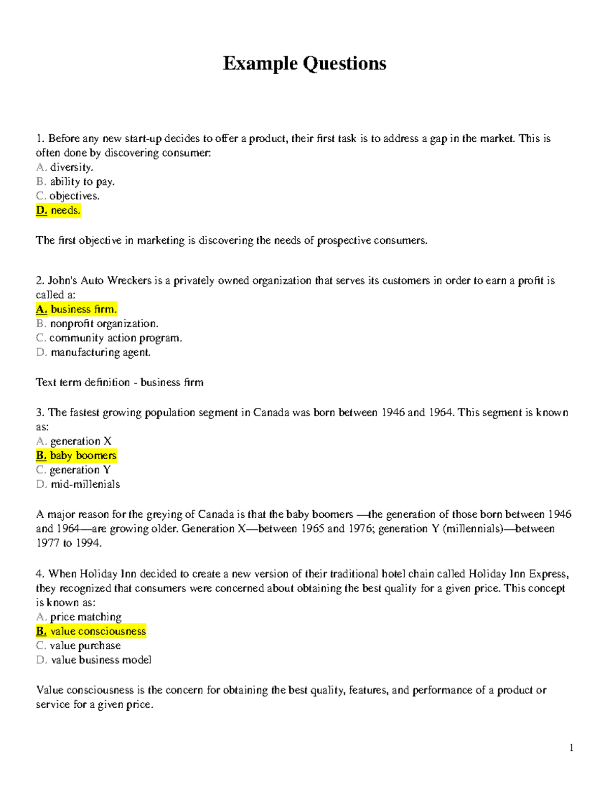 marketing Example questions 2021 fall - Example Questions Before any ...