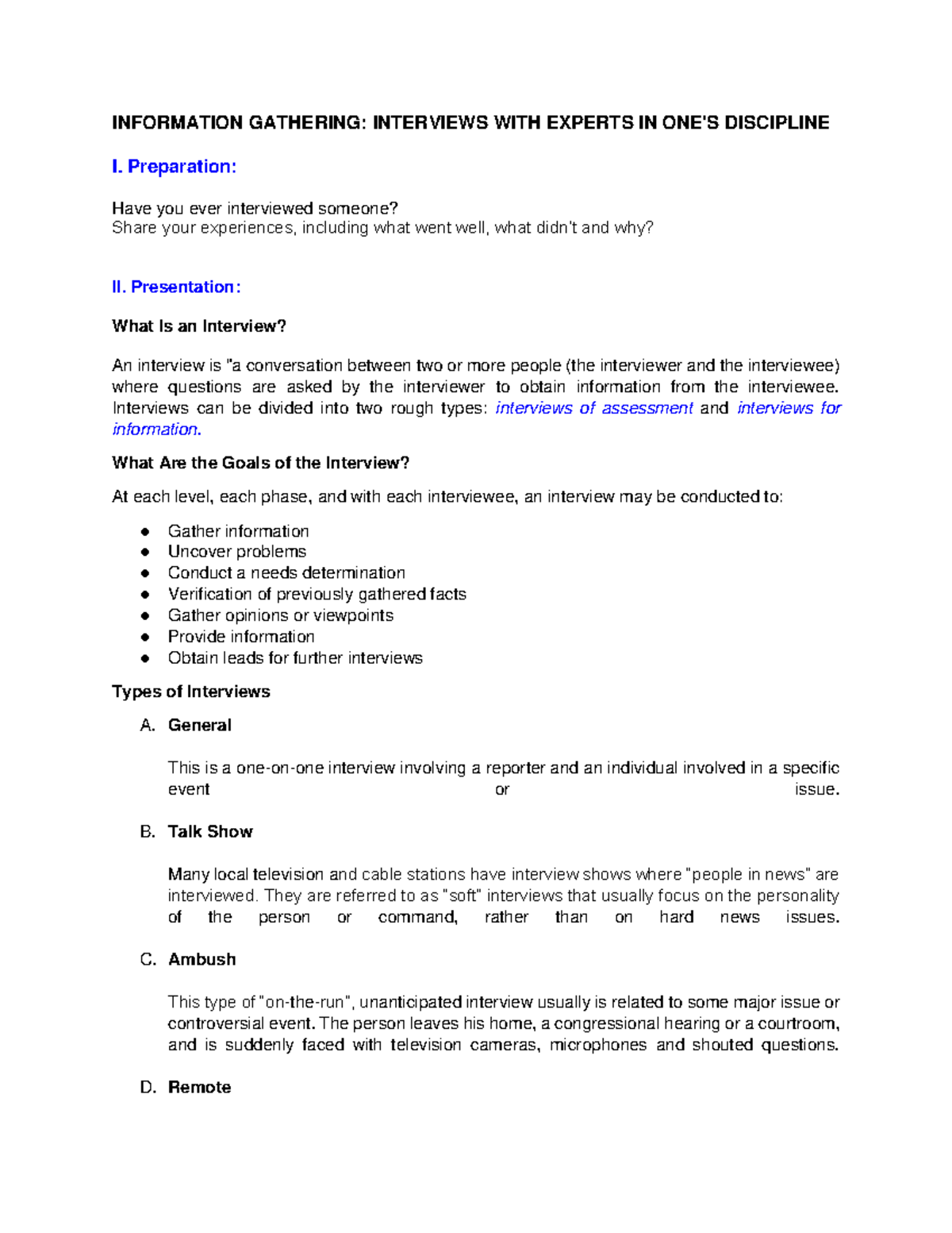 FE.Midterm.Topic 2 - Reference - INFORMATION GATHERING: INTERVIEWS WITH ...