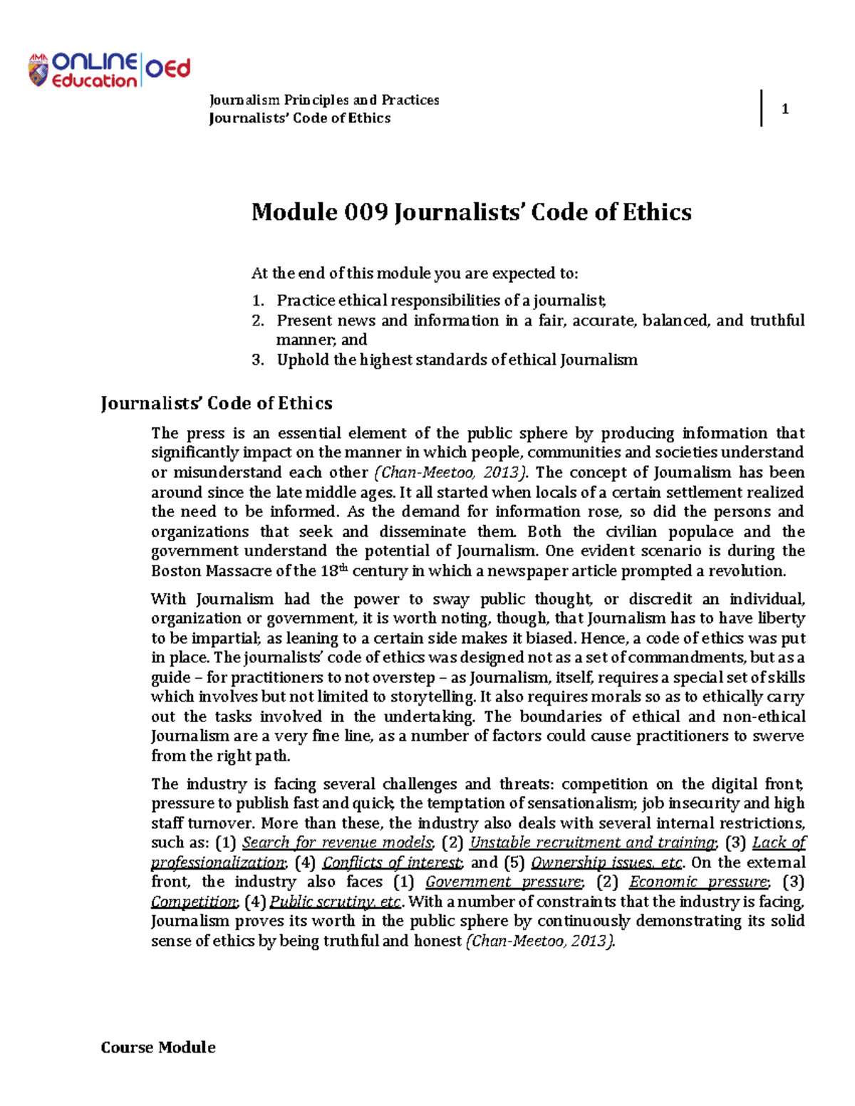 W11 Lesson 9 - Journalists’ Code of Ethics - Module - Journalism ...
