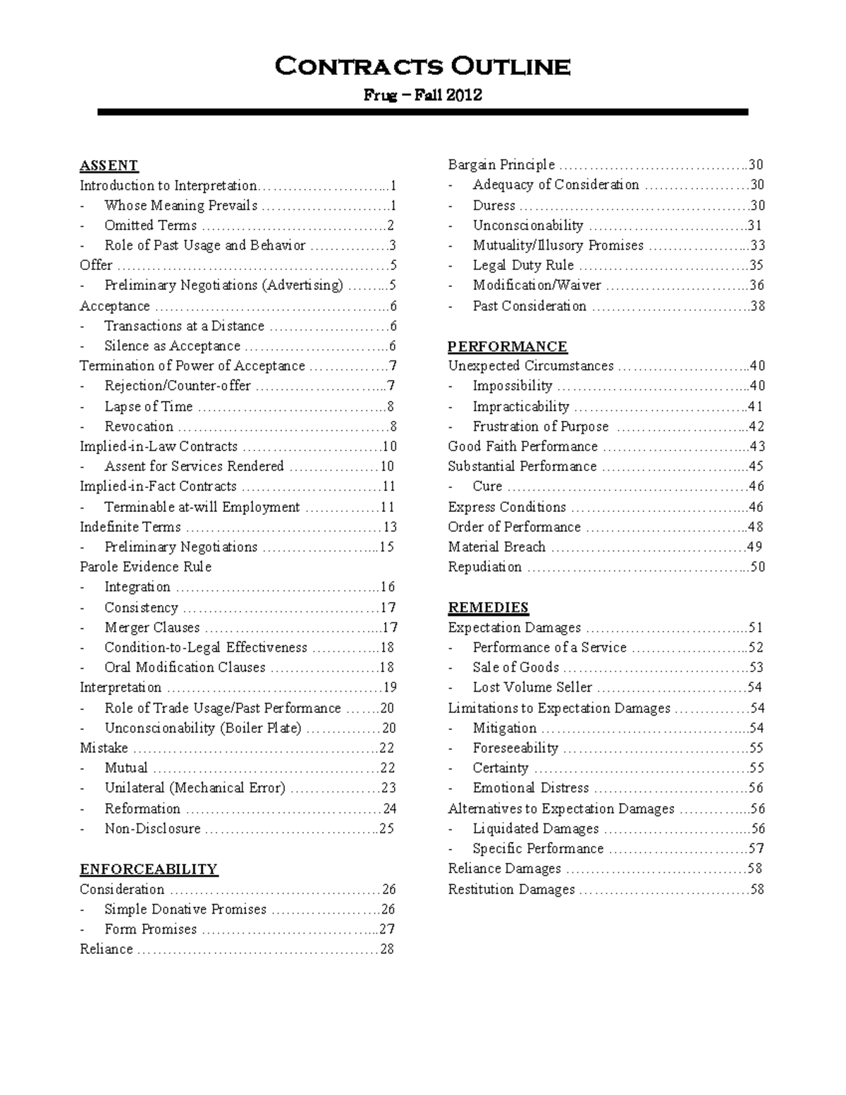 Contracts Outline Fall 2012 Frug - Contracts Outline - Omitted Terms ...