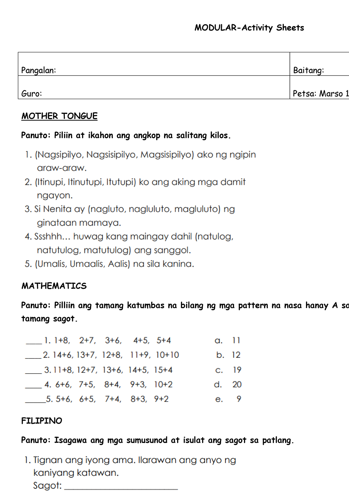 Modular Activity Sheets March 18 2024 - Basic Sciences - MODULAR-Activity Sheets MOTHER TONGUE ...