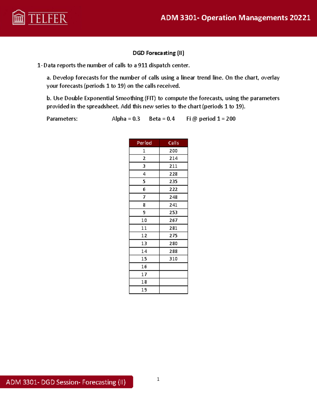 Dgd Forecasting Ii Questions 1 Dgd Forecasting Ii 1 Data Reports The Number Of Calls To