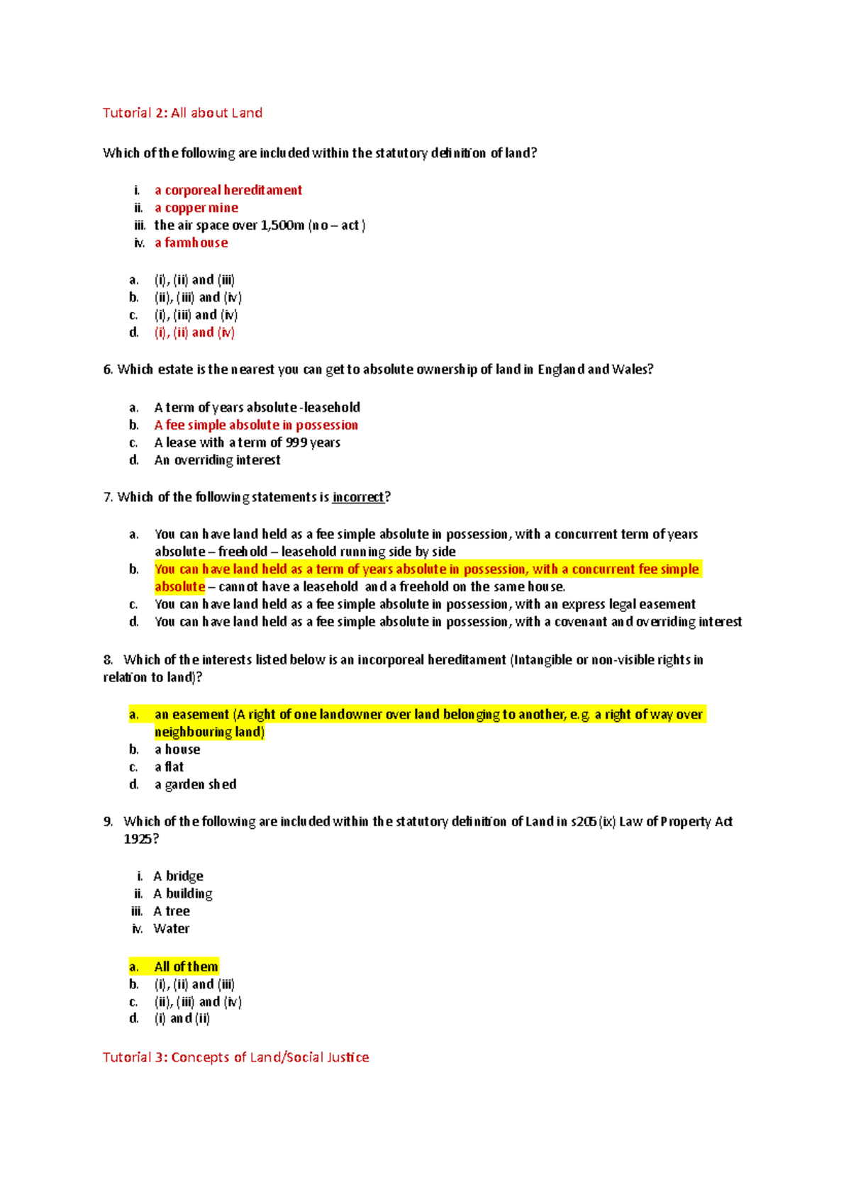 Land Law Tutorial Question - 2nd year Uni Law - Tutorial 2: All about Land Which of the ...