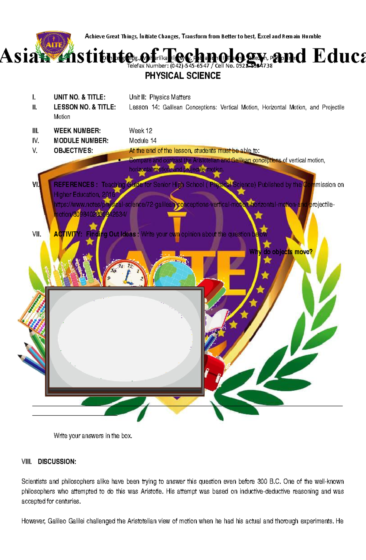Module 14 Physical Science - PHYSICAL SCIENCE I. UNIT NO. & TITLE: Unit ...