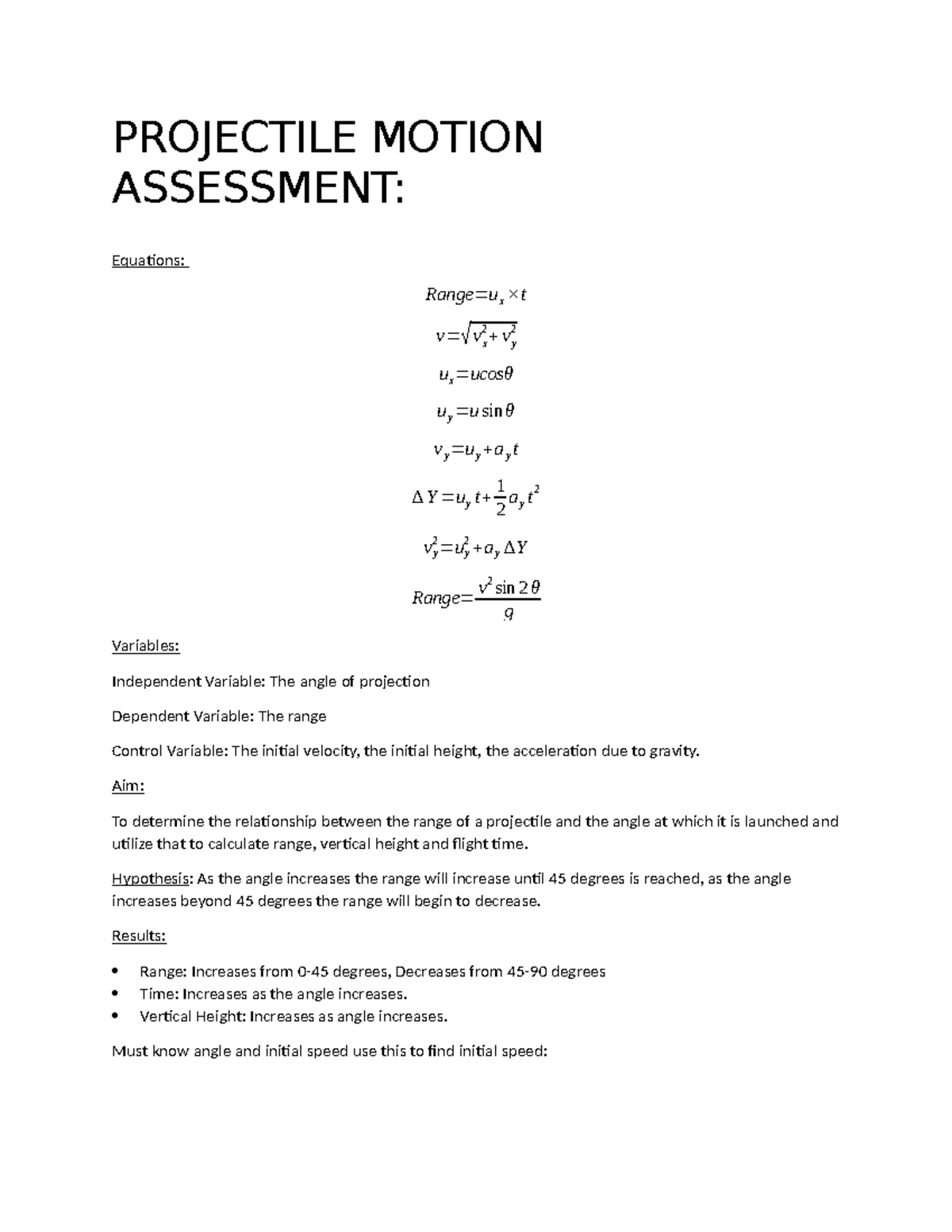Projectile Motion Assessment - PROJECTILE MOTION ASSESSMENT: Equations ...