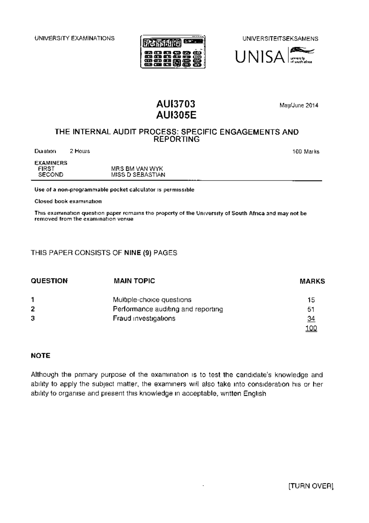 AUI3703 2014 6 E 1 - UNIVERSITY EXAMINATIONS UNIVERSITEITSEKSAMENS mg ...