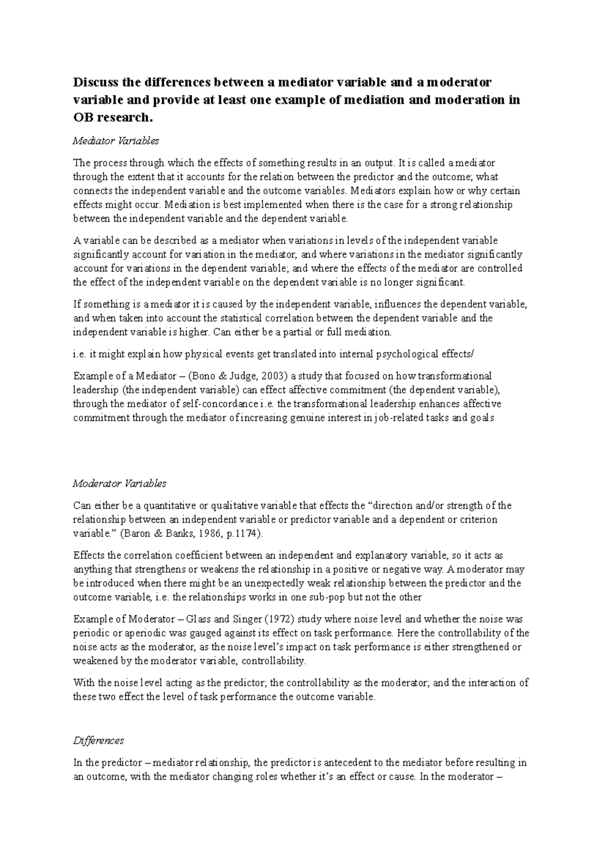 Discuss the differences between a mediator variable and a moderator ...