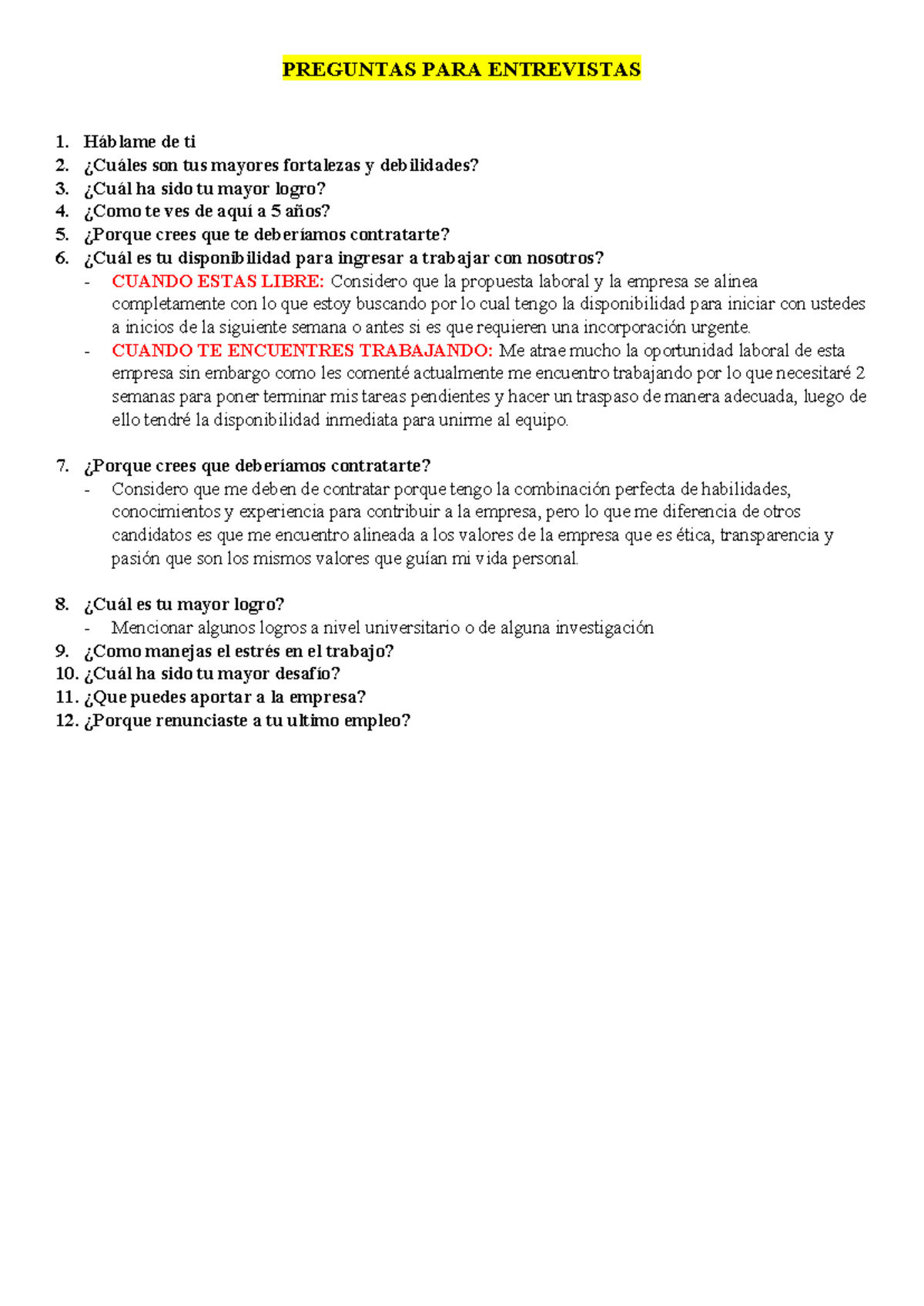 Preguntas PARA Entrevistas - PREGUNTAS PARA ENTREVISTAS 1. Háblame de ...