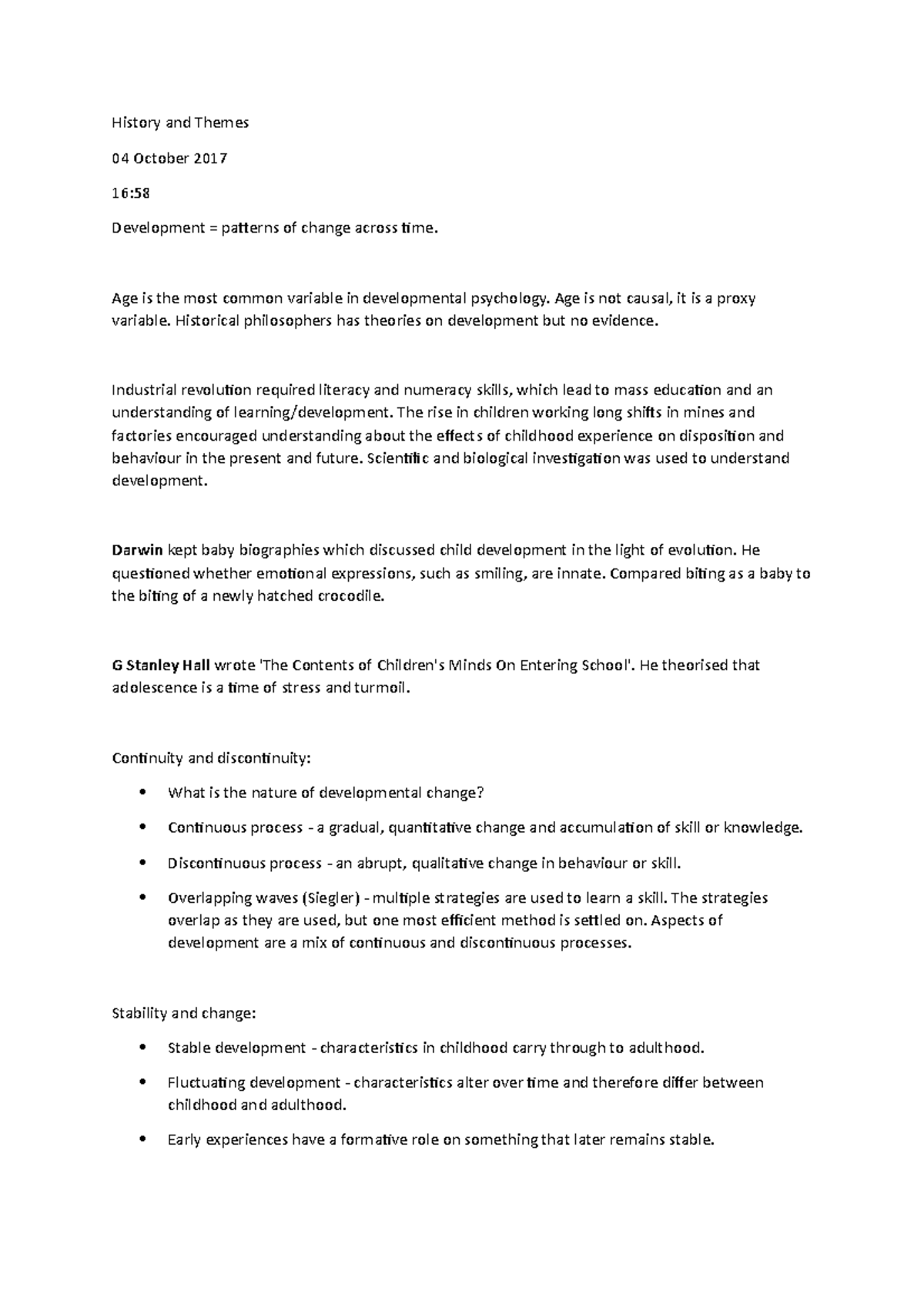 Developmental - Lecture notes 1-9 - History and Themes 04 October 2017 ...