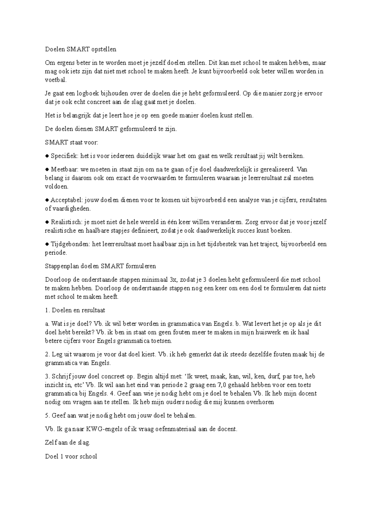 Document - kskdi - Doelen SMART opstellen Om ergens beter in te worden ...