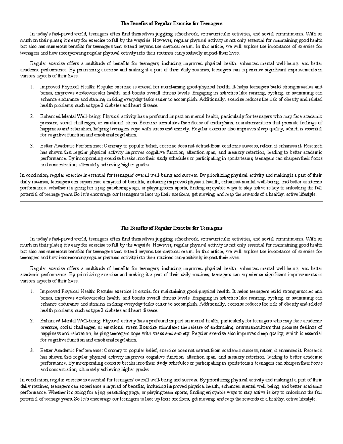 Article Critique - short - The Benefits of Regular Exercise for ...