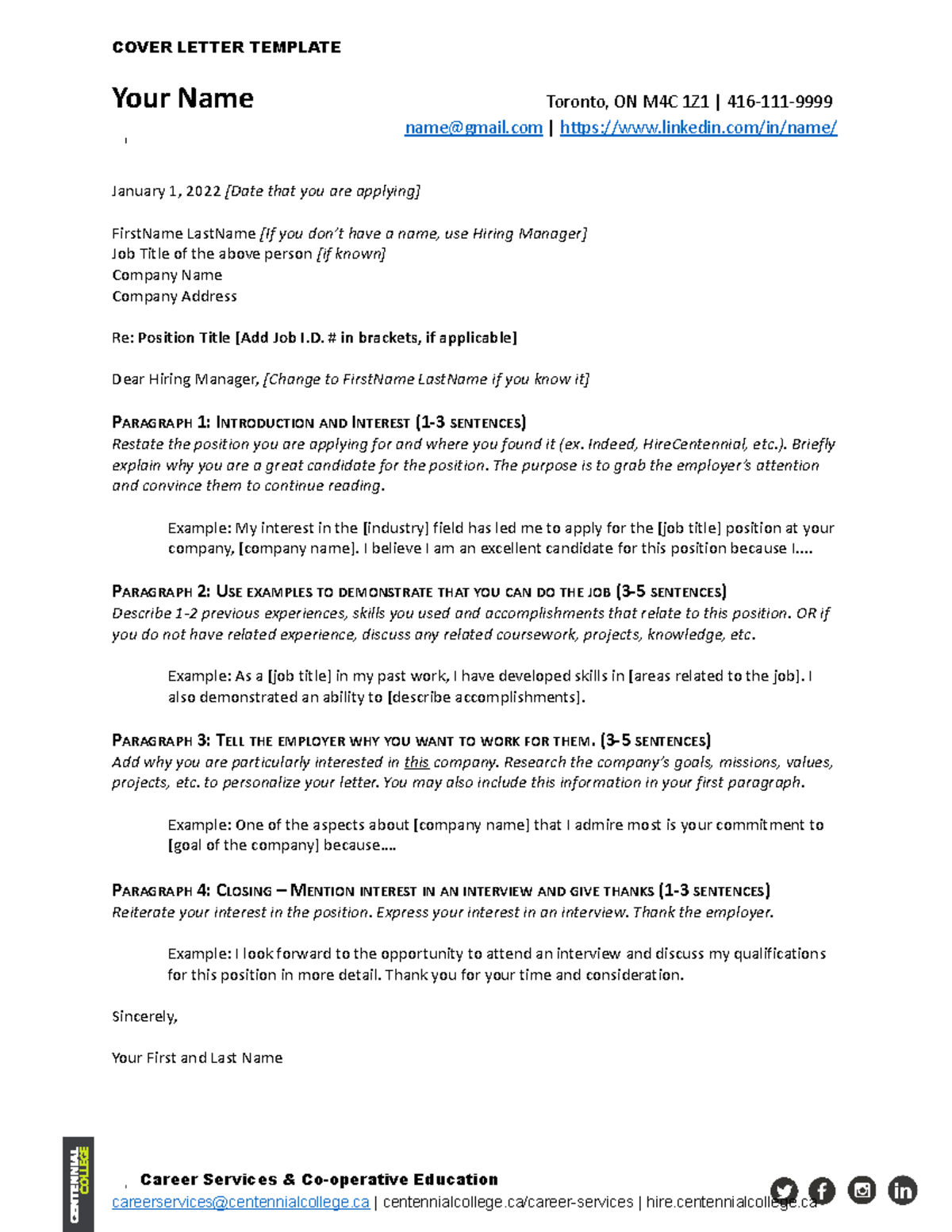 Cover Letter - sample - COVER LETTER TEMPLATE Your Name Toronto, ON M4C ...