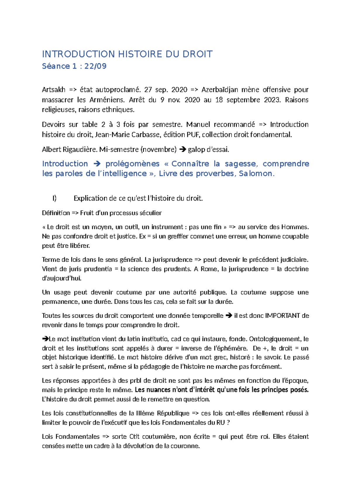 Introduction Historique DU Droit - INTRODUCTION HISTOIRE DU DROIT Séance 1 : 22/ Artsakh => état ...