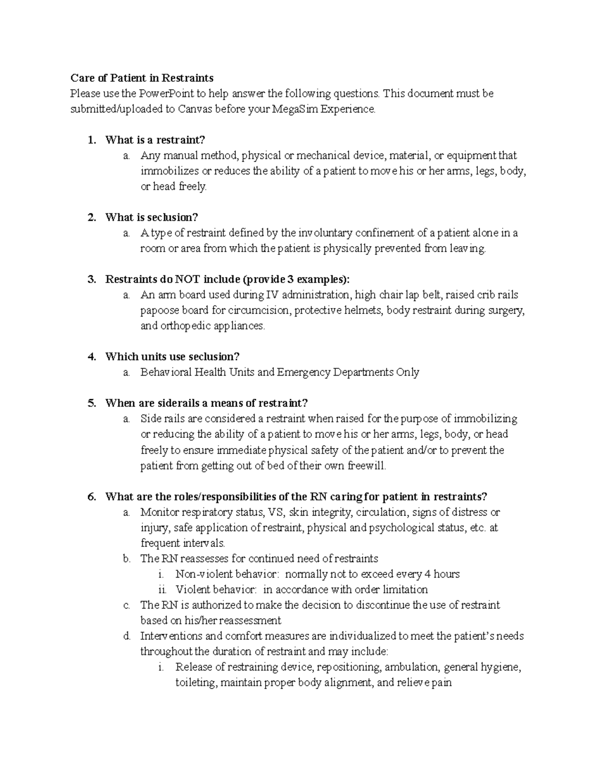 Care of Patient in Restraints Worksheet - Care of Patient in Restraints ...