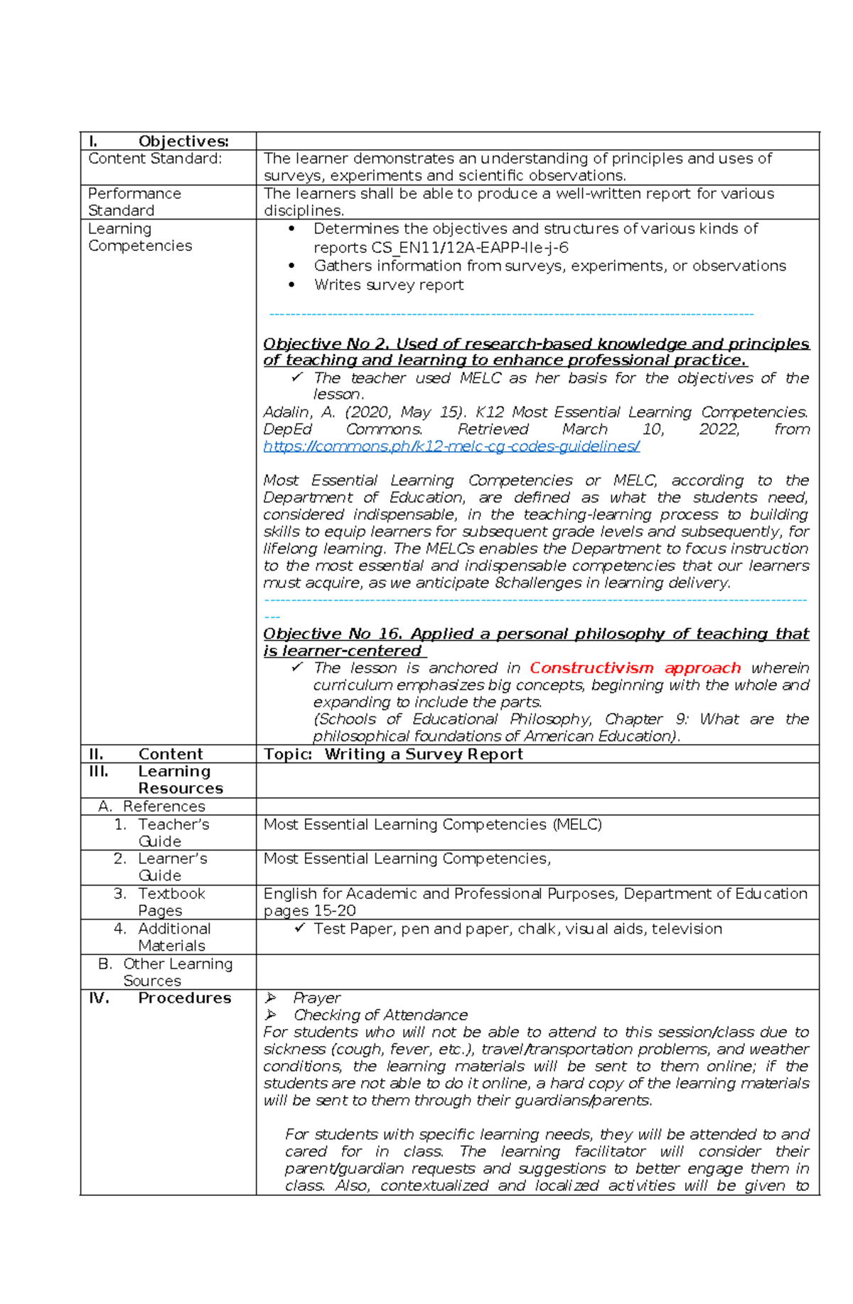 Survey Report Lesson Plan - I. Objectives: Content Standard: The ...