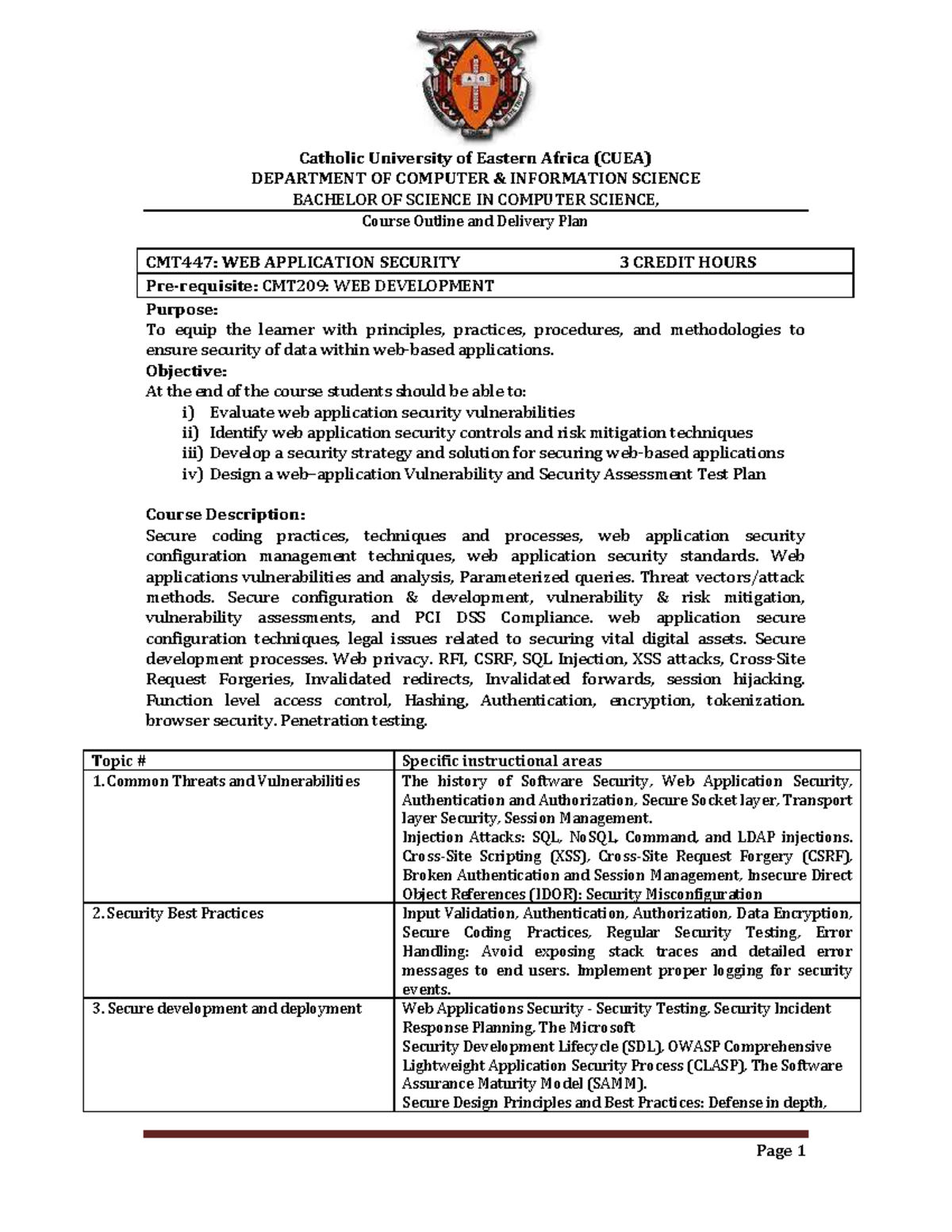 CMT447 Web Application Security Course Outline - Page 1 Catholic ...