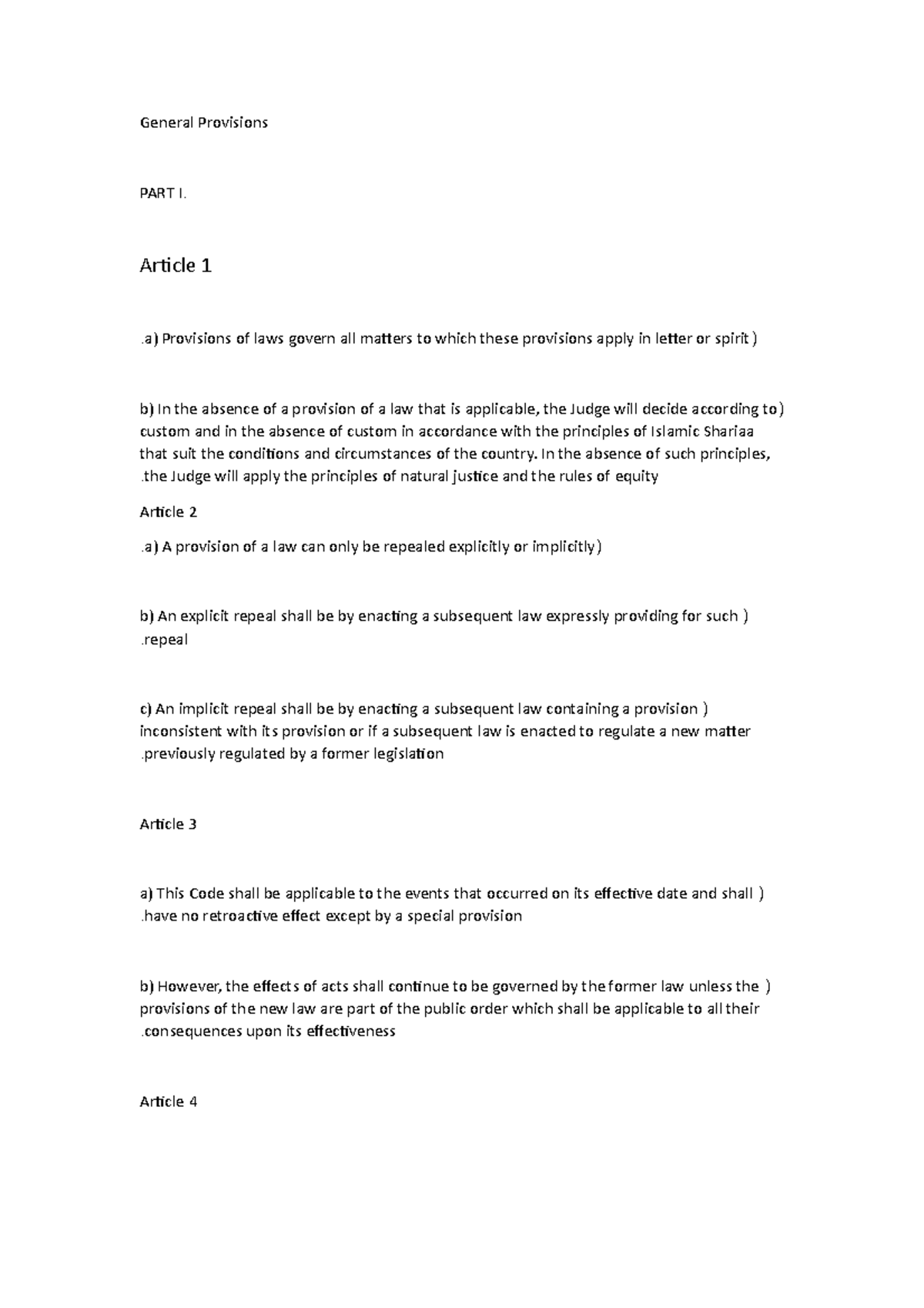 Civil law 1 - over view - General Provisions PART I. Article 1 .a ...