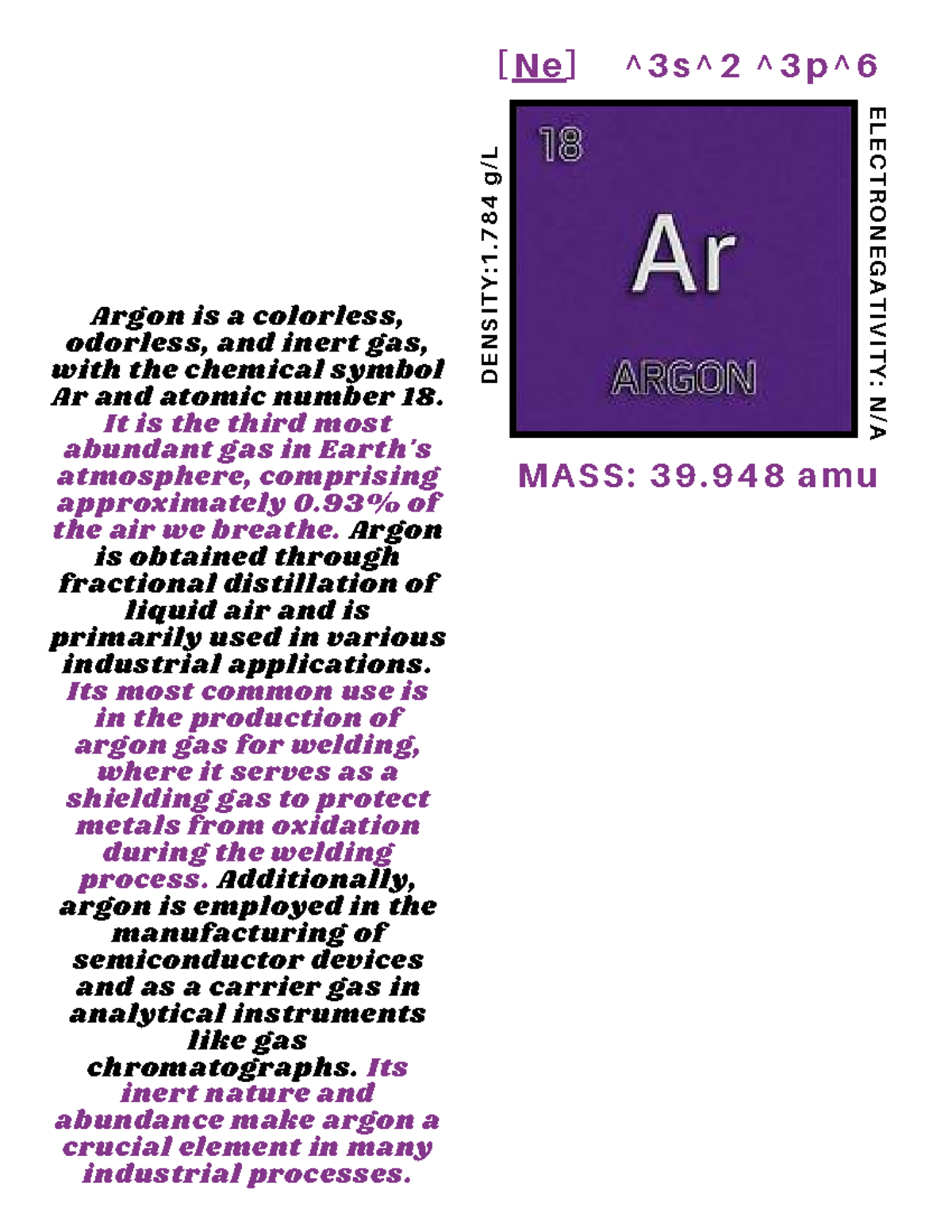 [Ne] 3s2 3p6 - element project details - [Ne] ^3s^2 ^3p^ DENSITY:1 g/L ...