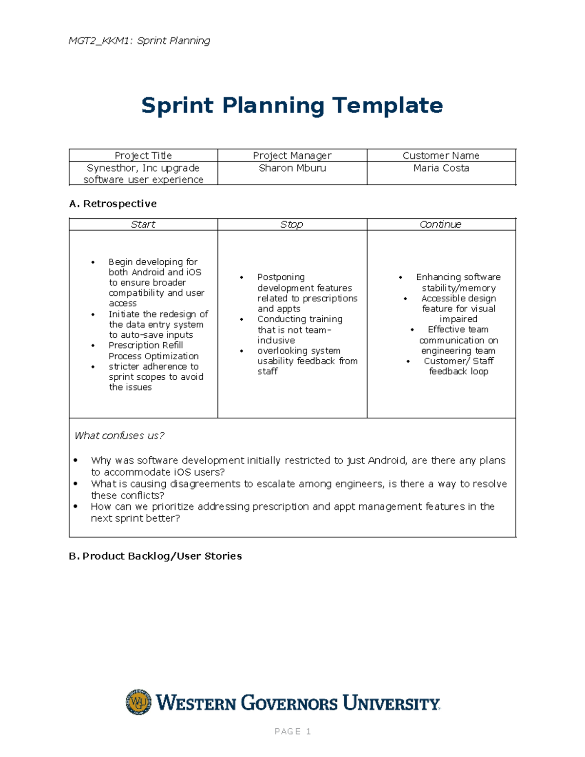 WGU Itmtg task 2 - MGT2_KKM1: Sprint Planning Sprint Planning Template ...