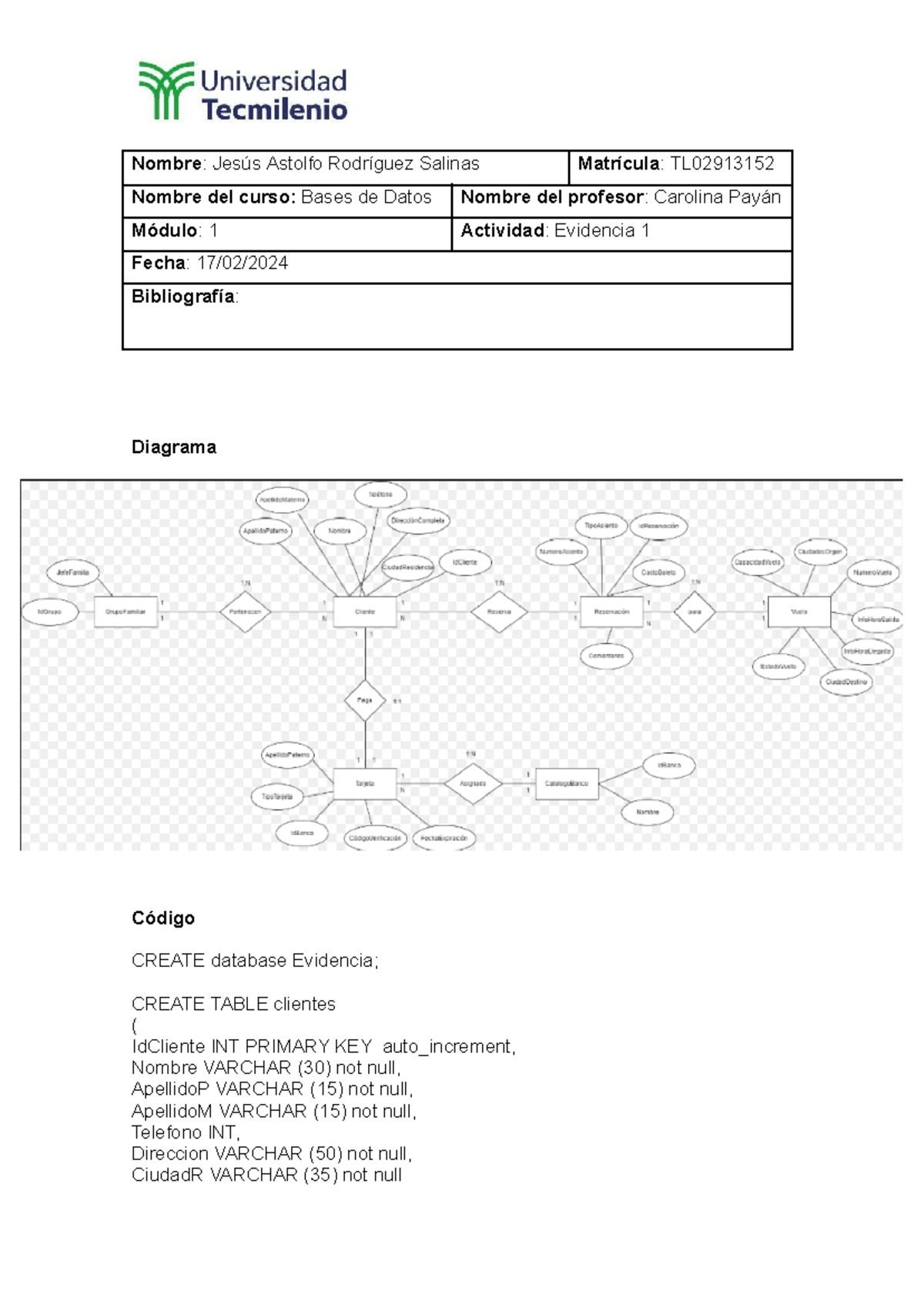 Evidencia 1 Base de Datos - Nombre: Jesús Astolfo Rodríguez Salinas ...