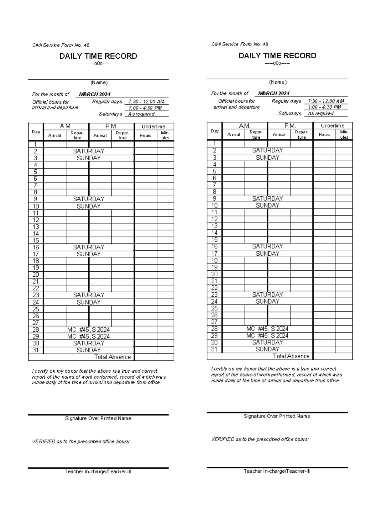 DTR template - Civil Service Form No. 48 DAILY TIME RECORD -o0o- (Name ...