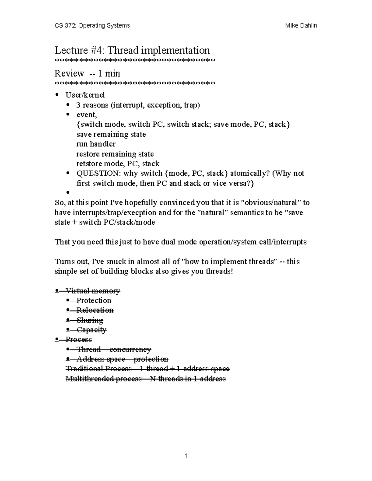 Lec4 - Lec4 - Lecture #4: Thread implementation ...