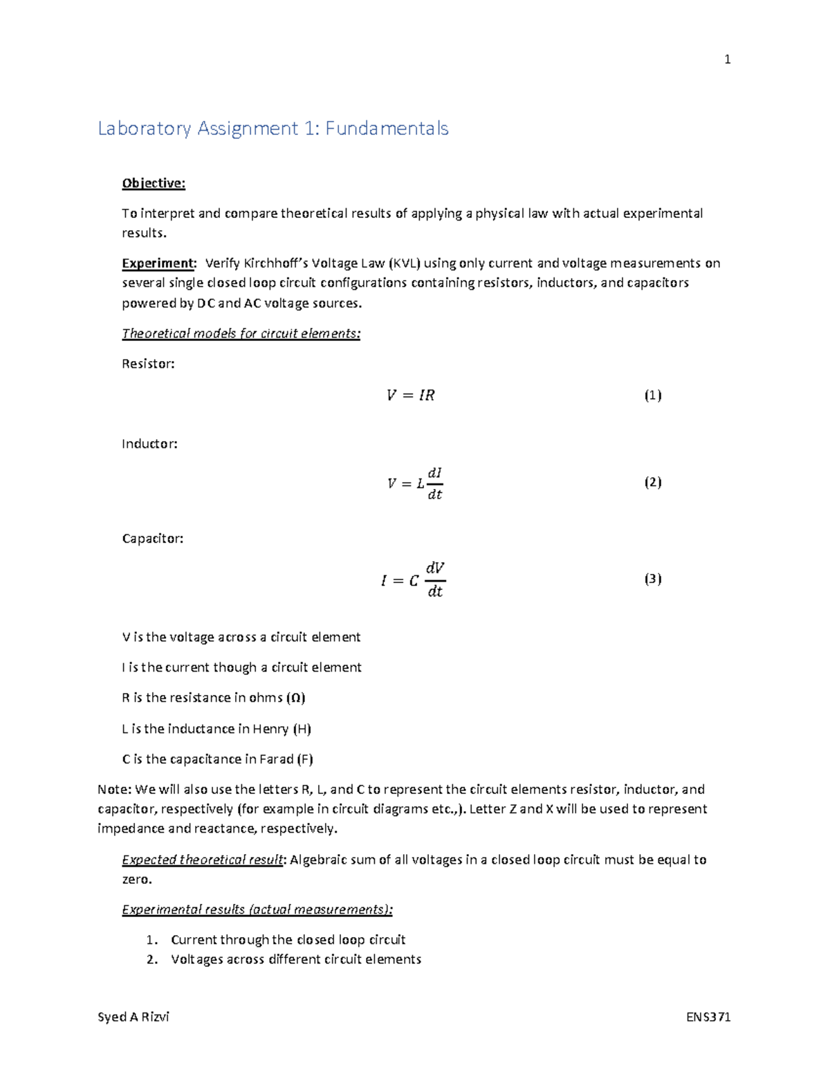 Laboratory Assignment 1 - Experiment: Verify Kirchhoff’s Voltage Law (KVL) using only current ...