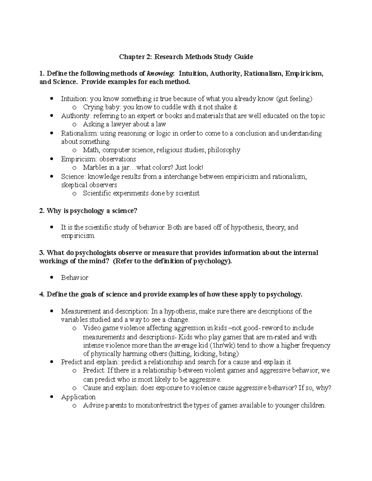 Chapter 2 Study Guide Exam 1 Chapter 2 Research Methods Study