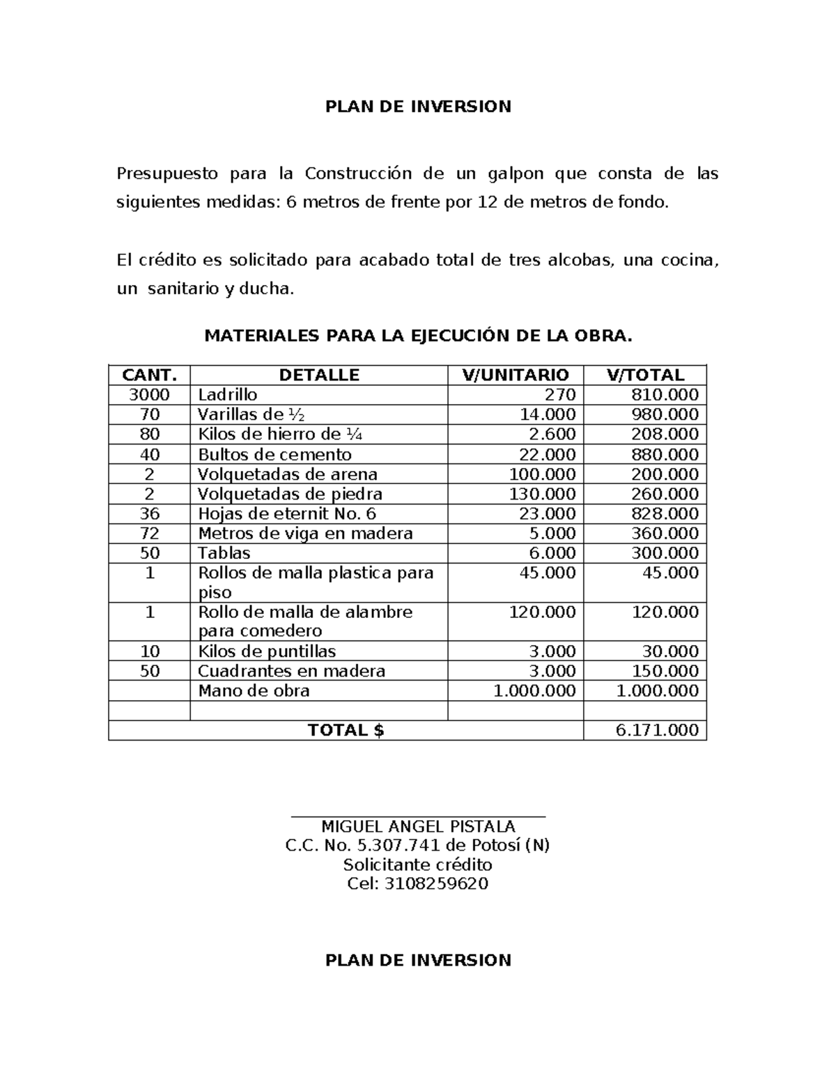 PLAN DE Inversion - PLAN DE INVERSION Presupuesto para la Construcción ...