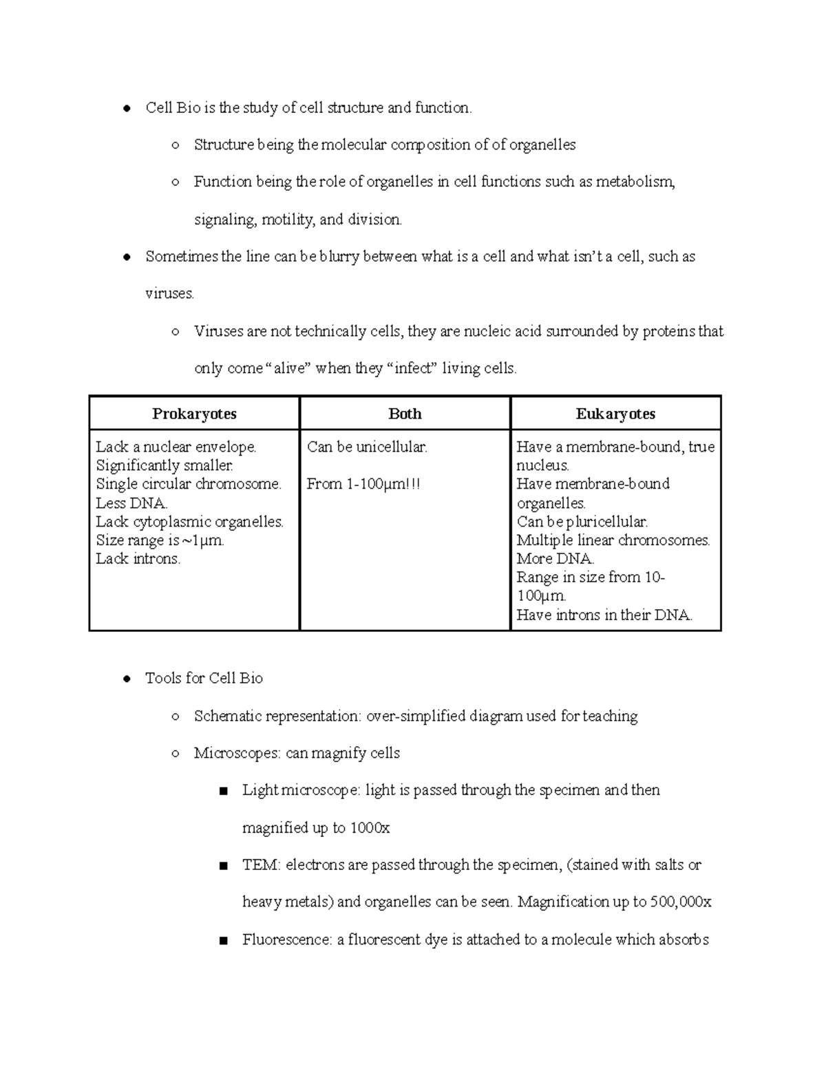 Cell Bio Exam 1 Notes - Cell Bio is the study of cell structure and ...